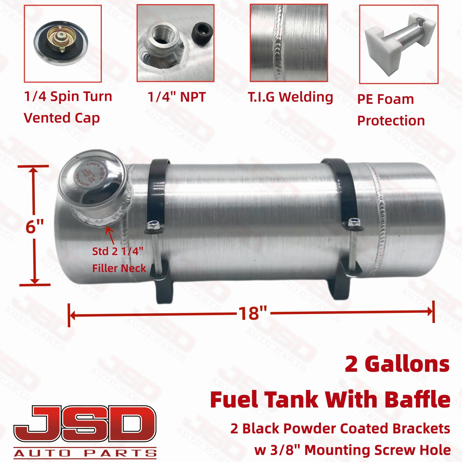 Fuel Tank with Baffle 2 Gallon 6''x18" 1/4'' NPT End Fill Spun Aluminum ...