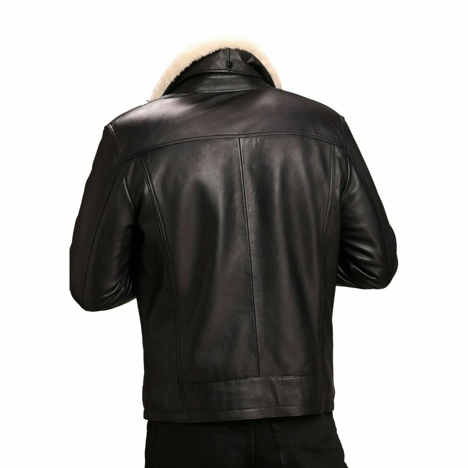 Men's Genuine Sheepskin Leather Aviator Collar Fur Shearling Bomber ...