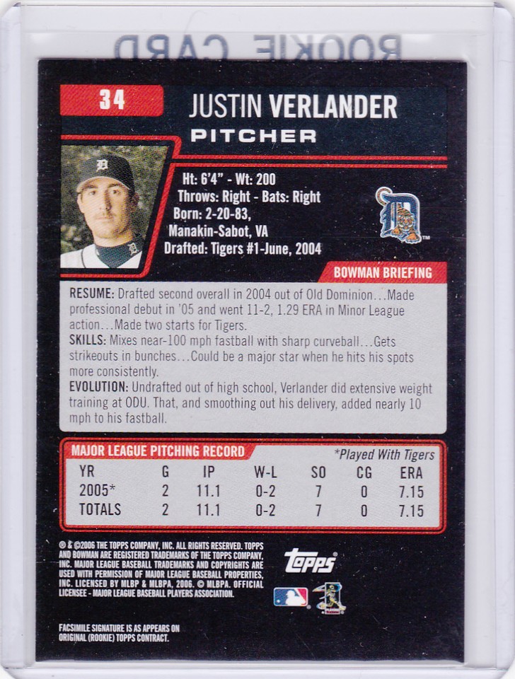 Justin Verlander 2006 Bowman BASEBALL ROOKIE CARD Detroit Tiger RC ...