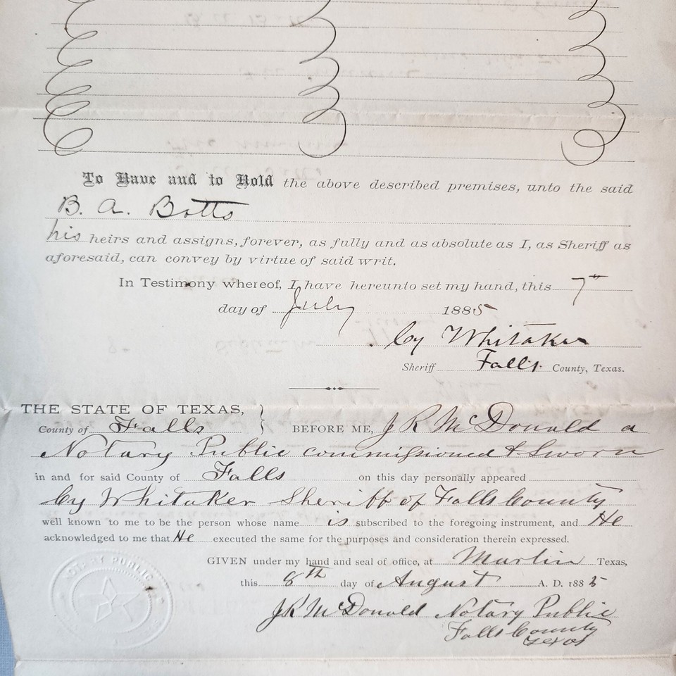 1885 Handwritten Deed Sheriff Cyrus Whitaker Falls County Texas to B.A ...