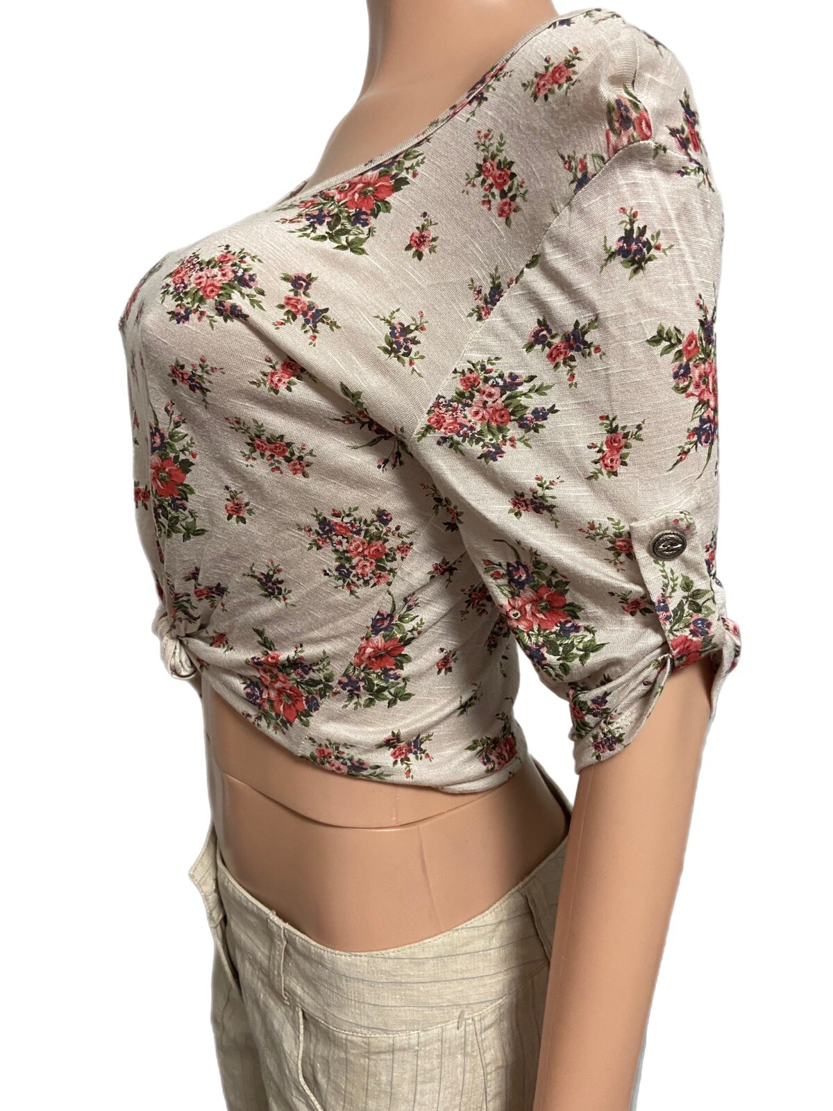 Y2K Beige Floral crop Cropped Rayon Tie front Fairycore Top M ...