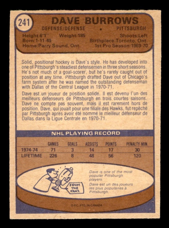 1974 OPC O-Pee-Chee Hockey #241 Dave Burrows EX | eBay