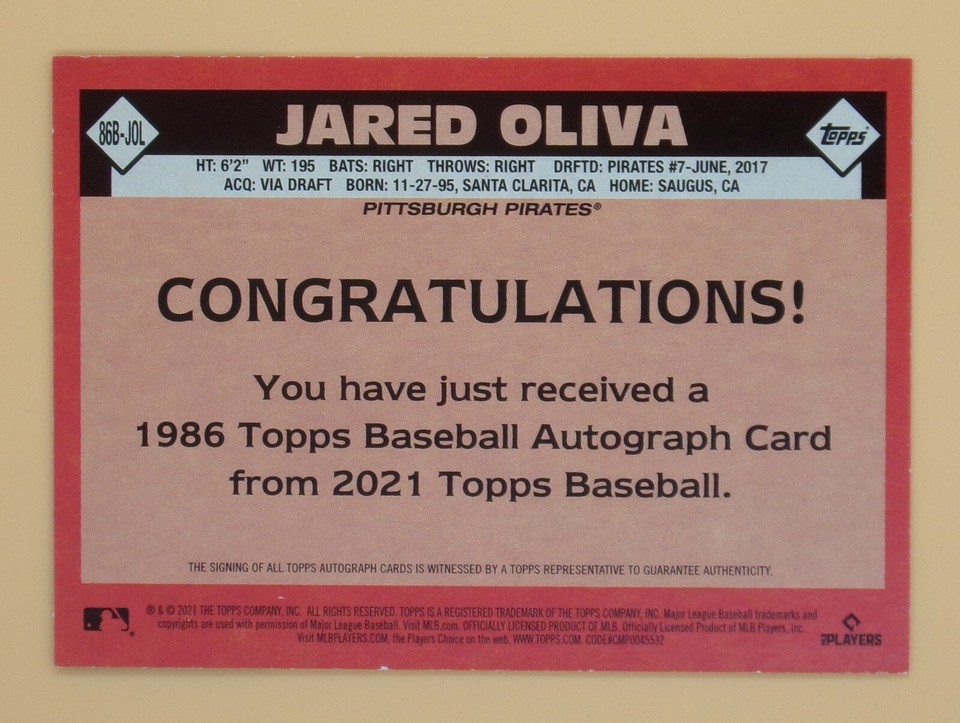 2021 Topps Update Jared Oliva RC '86 Topps Autographs #86B-JOL Pirates ...