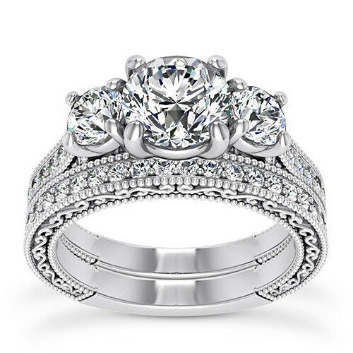 3Ct White Round Stone Three Stone Wedding Bridal Ring Set 925 Sterling ...