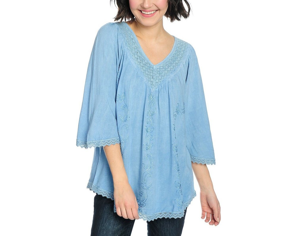 NEW Indigo Thread Co Woven Mineral Washed 3/4 Sleeve Crochet Trimmed V ...