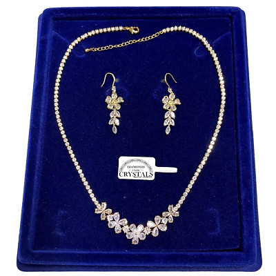 Parure Tennis Collana Fiori Orecchini pl. oro Giallo 18k con Cristalli ...