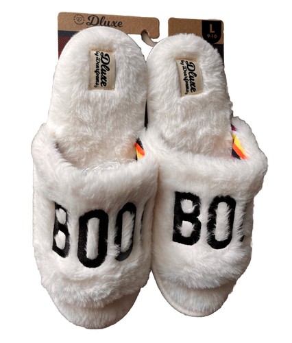 Dluxe by Dearfoams Women's Size L 9-10 BOO Halloween Furry Slippers ...