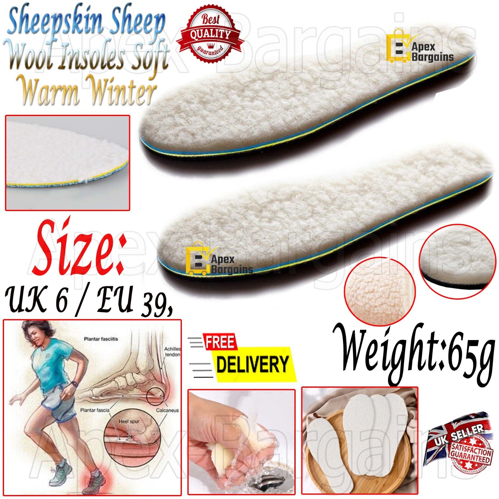 Pair Sheepskin Sheep Wool Insoles Soft Warm Winter Thick Inner Soles ...