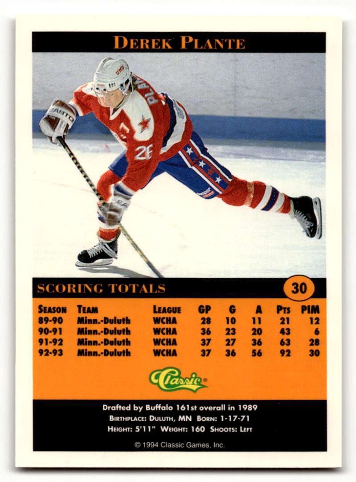1994 Classic Pro Prospects #30 Derek Plante Minnesota-Duluth Bulldog ID ...