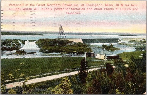 1909 THOMSON, Minnesota Postcard "Waterfall of the Great Northern Power ...
