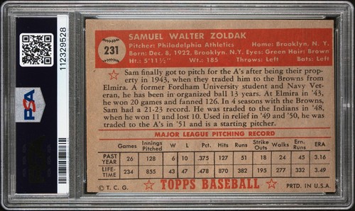 1952 Topps Baseball #231 Sam Zoldak Philadelphia Athletics PSA 4 VG-EX ...