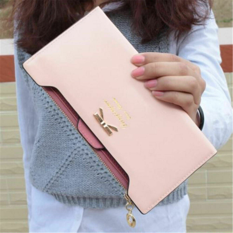 Women's Long Leather Thin Wallet Cute Bow Purse Multi ID Credit Card ...