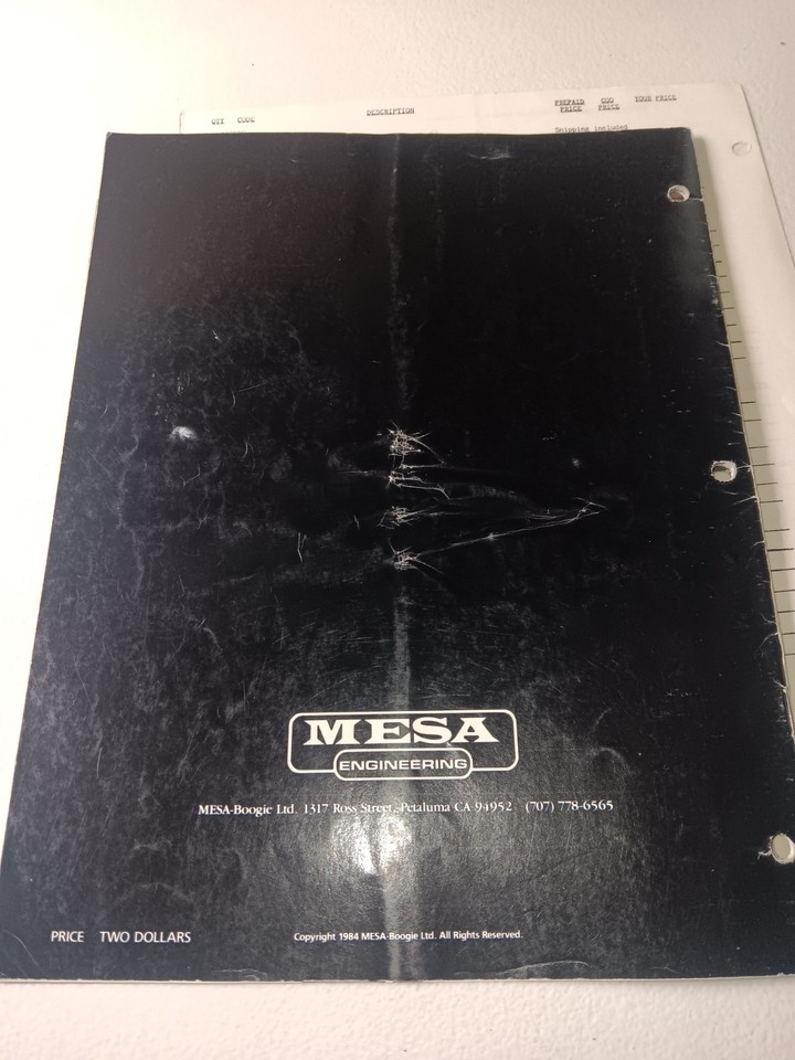 Mesa Boogie Catalog & Order Form 1984 Vintage Guitar Paper Sheets | eBay