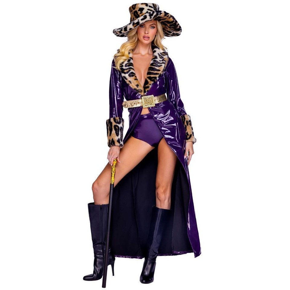 Pimp Costume Long Coat Leopard Print Faux Fur Trim Hat Belt Purple Gold ...