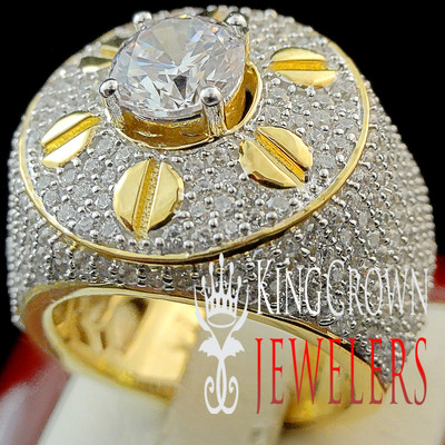 Mens Yellow Gold Sterling Silver Lab Diamond 3D Pave Big XL Engagement ...