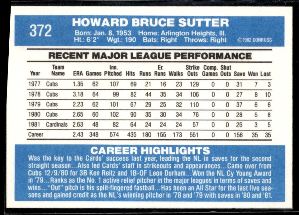 1982 Donruss #372 Bruce Sutter | eBay