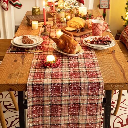 Red Plaid Christmas Table Runner Winter Holiday Snowflake Table Runners ...
