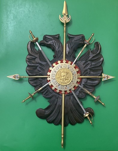 Vintage Toledo / Spain Wooden Wall Plaque Coat Of Arms w/ Swords+Spear+ ...