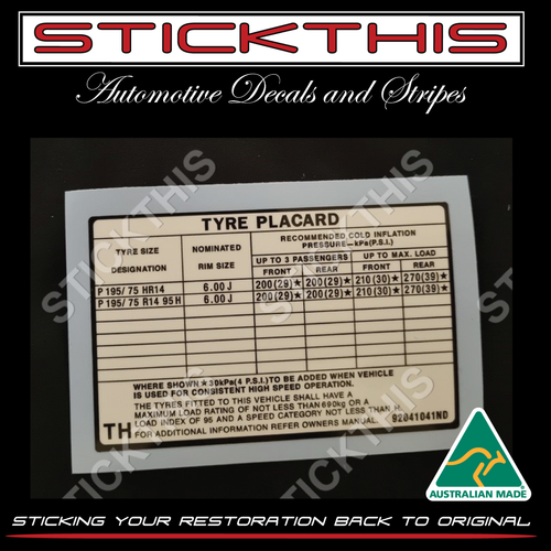 Tyre Placard Decal Sticker - Holden VG and VP Ute with 14" Rims ...