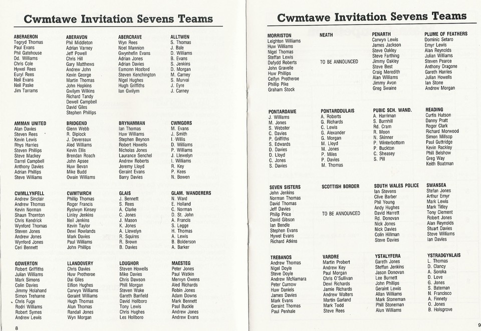 CWMTAWE RUGBY SEVENS PROG 12 Aug 1989 Vardre Reading Loughor Brynaman ...