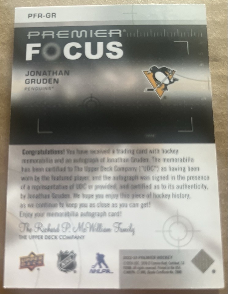 Jonathan Gruden 23-24 UD Premier Focus Rookie On Card Autograph Patch ...