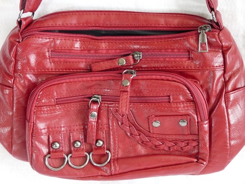 Red Soft Purse Faux Leather Crossbody Shoulder Bag Multi Pockets 8 X 7 ...