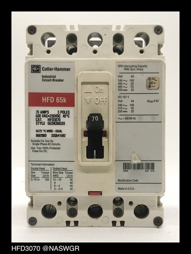 Cutler Hammer HFD3070 Molded Case Circuit Breaker ~ 70 Amp - Tested/1Yr ...