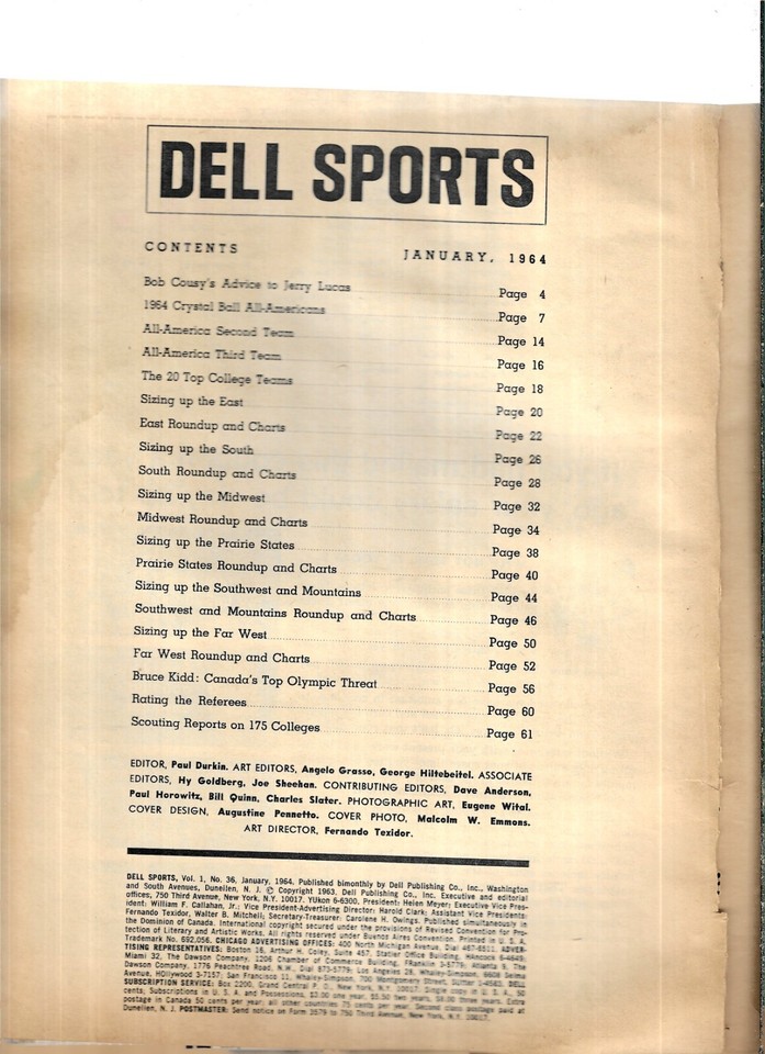 DELL SPORTS JAN. 1964-BARRY KRAMER COVER-COLLEGE BASKETBALL PREVIEW ...