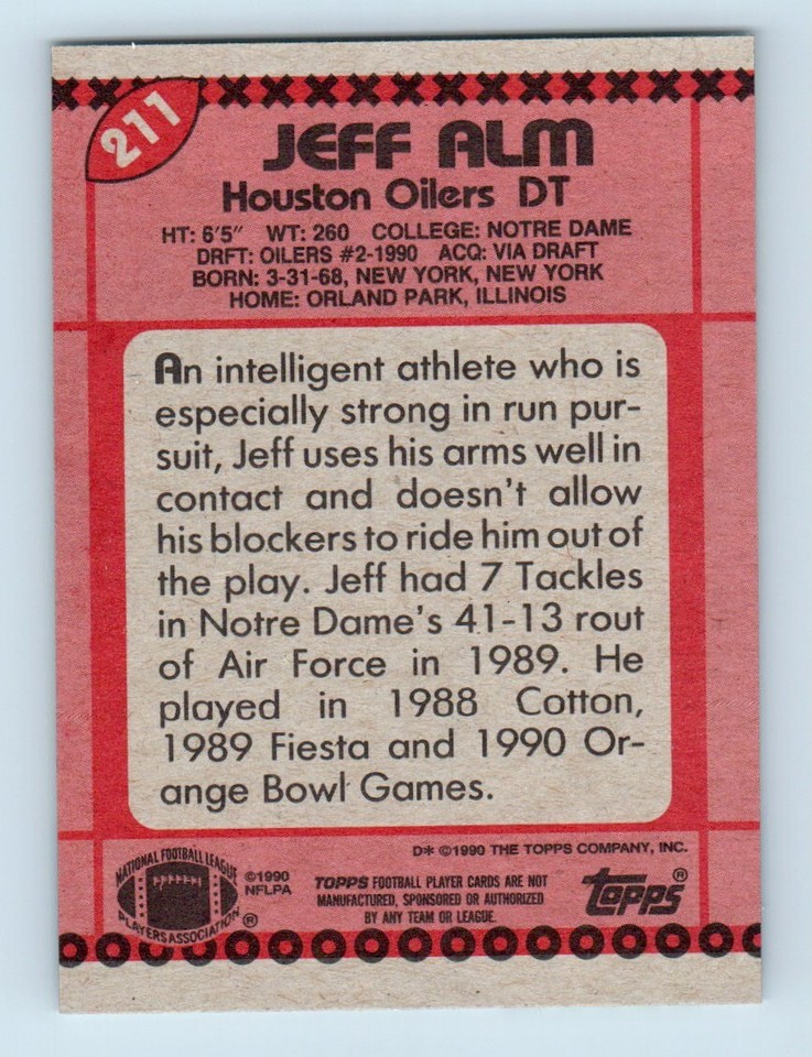 1990 Topps Jeff Alm Houston Oilers #211 | eBay