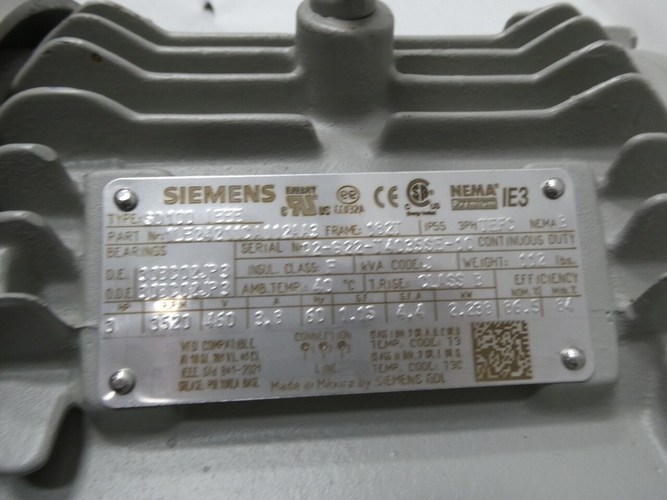 Siemens SD100 IEEE 1LE24211CA112AA3 Ac Motor 182t 3ph 3hp 3520rpm 460v ...