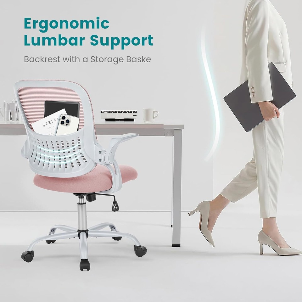 Pink Ergonomic Home Office Desk Mesh Computer Chair with Flip up ...