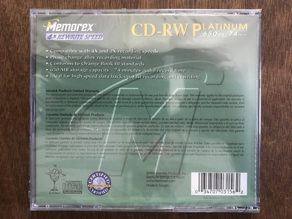 Memorex CD-RW Platinum 4x Rewritable Speed 650 Mb / 74 Minutes | eBay