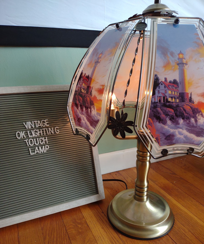 Vintage Ok Lighting Lamp Lighthouse Touch 3 Bulb Glass Panels Tiffany ...