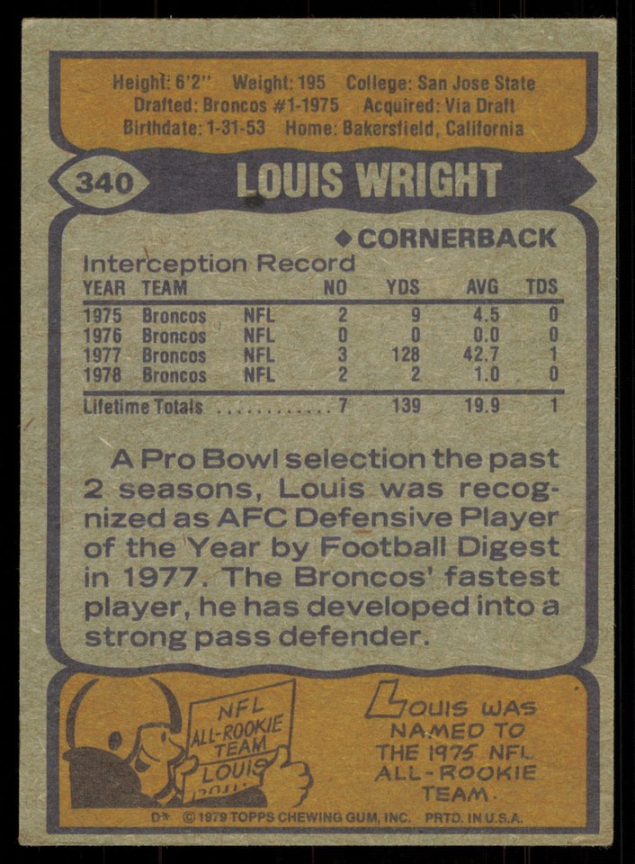 1979 Topps Football #340 Louis Wright Denver Broncos | eBay
