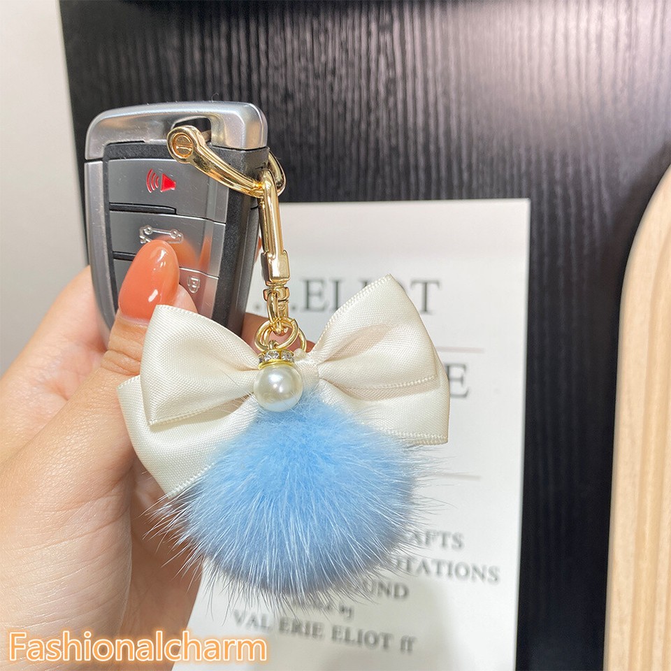 Cute Real Mink Fur Ball Pompom Keyring Car Phone keychain Bag Charm ...