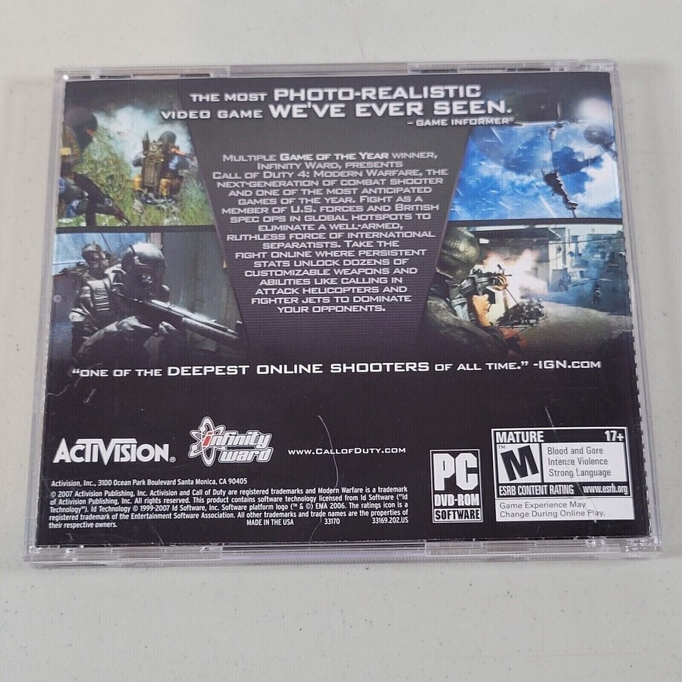 Call Of Duty 4: Modern Warfare COD 4 PC DVD-ROM Windows XP/Vista 2007 ...