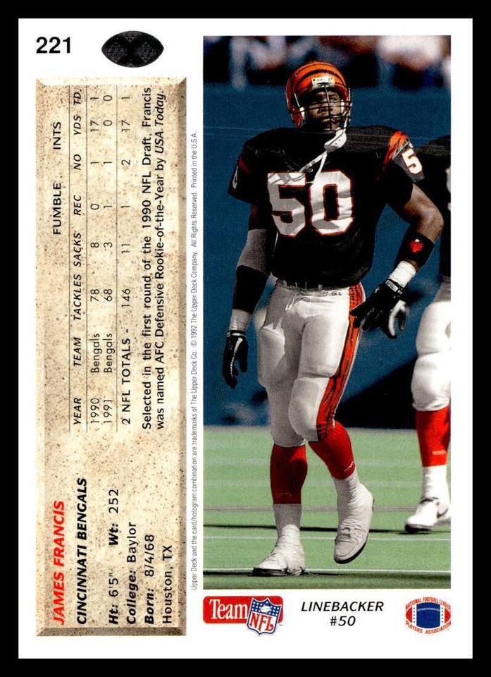 1992 Upper Deck #221 James Francis Cincinnati Bengals Football Card | eBay