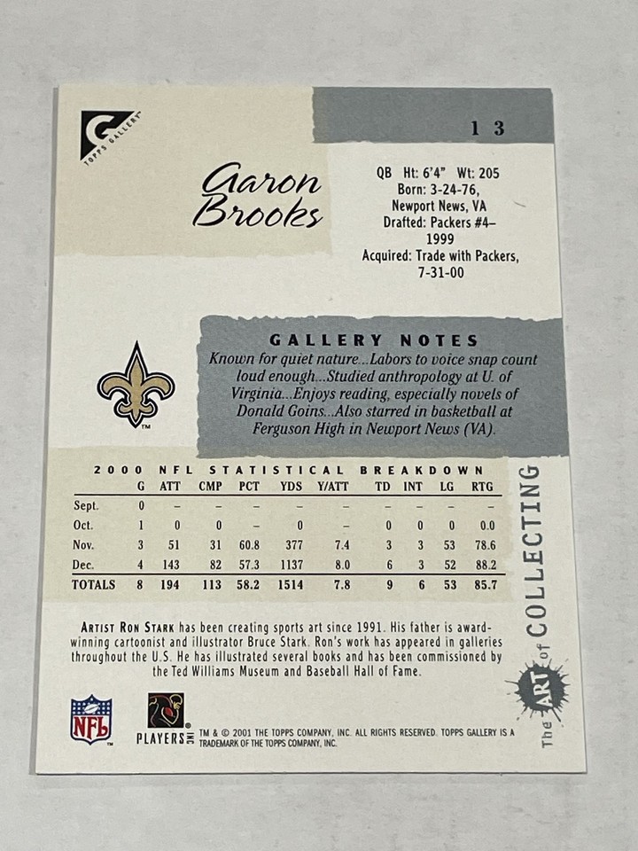 2001 Topps Gallery Football #13 - Aaron Brooks - New Orleans Saints | eBay