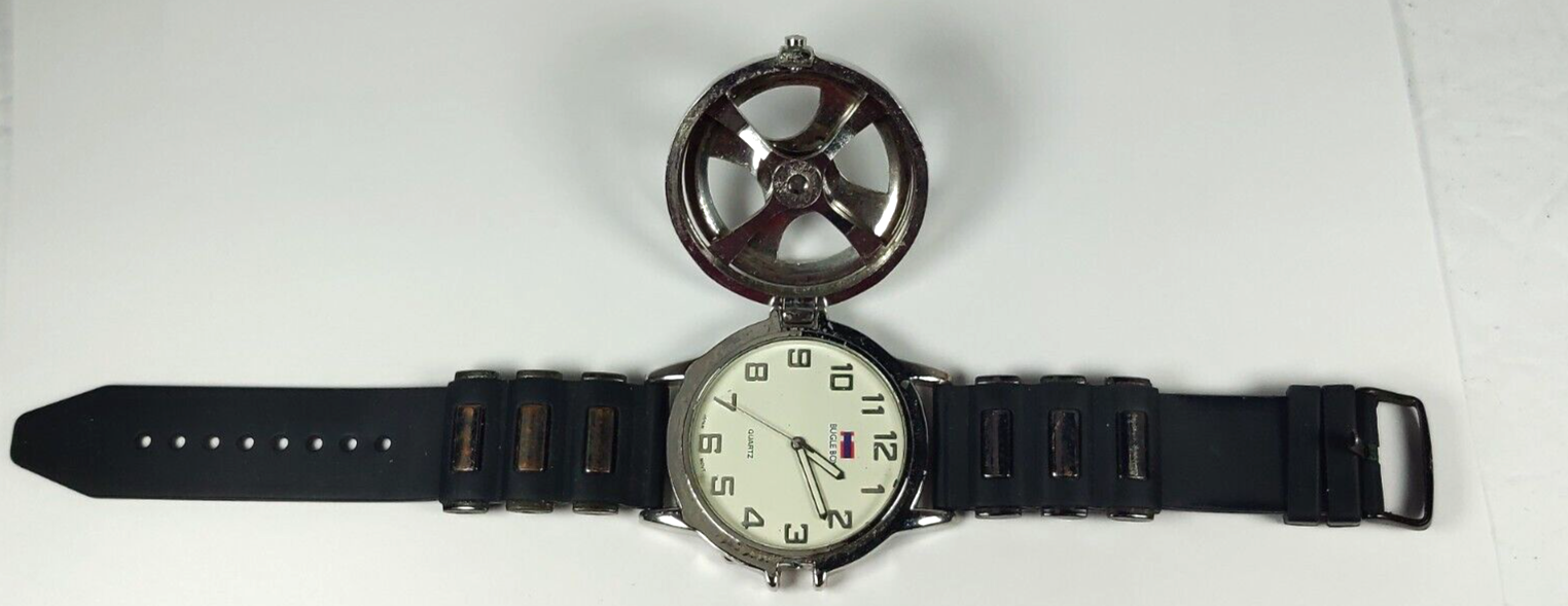 VINTAGE BUGLE BOY MENS SPINNING HUBCAP COVER WATCH BLACK BAND; SILVER ...