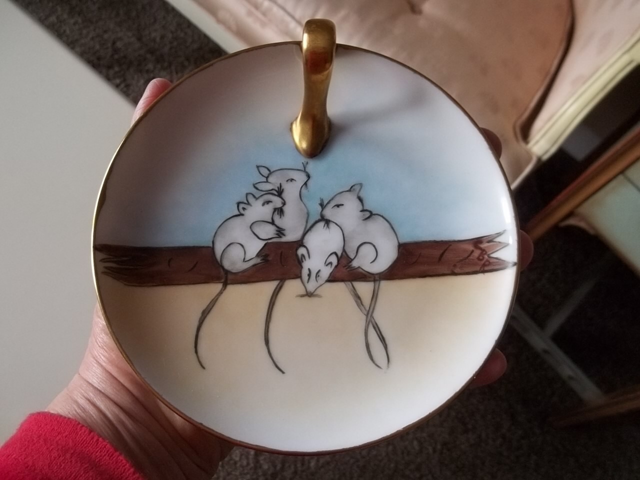 Vtg Austria?BLUE/YELLOW/BROWN/WHITE MICE Candy/Nut DISH Gold Handle 5. ...