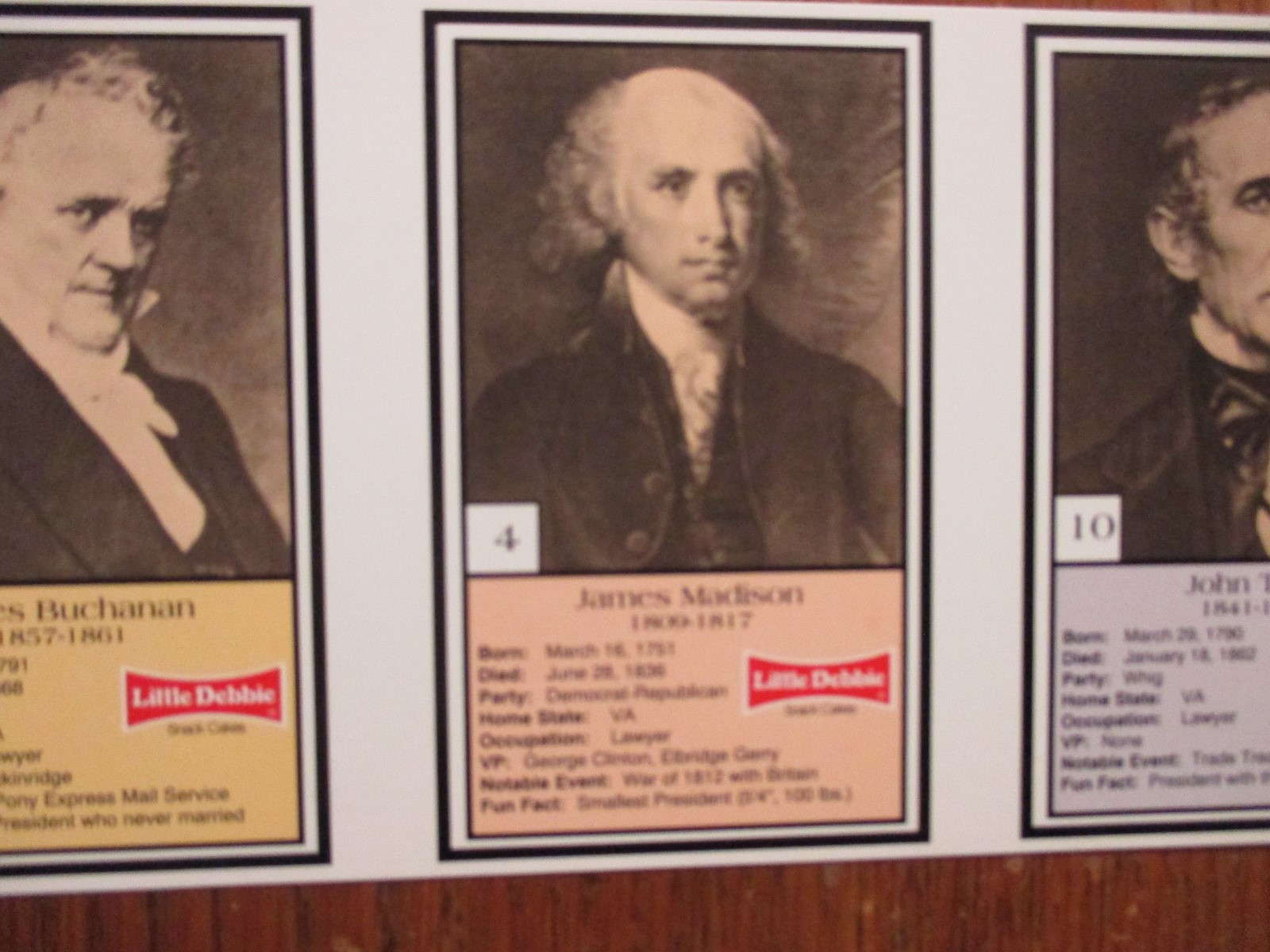 1992 LITTLE DEBBIE President Cards(PANEL w/JAMES BUCHANAN/JAMES MADISON ...