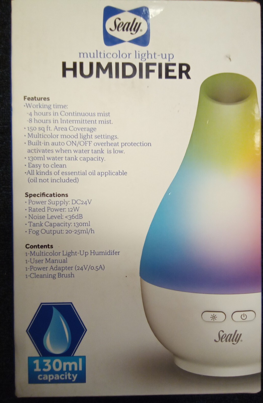 Sealy Multicolor Light-Up Humidifier Aroma Diffuser 2 Mist Modes Quiet ...