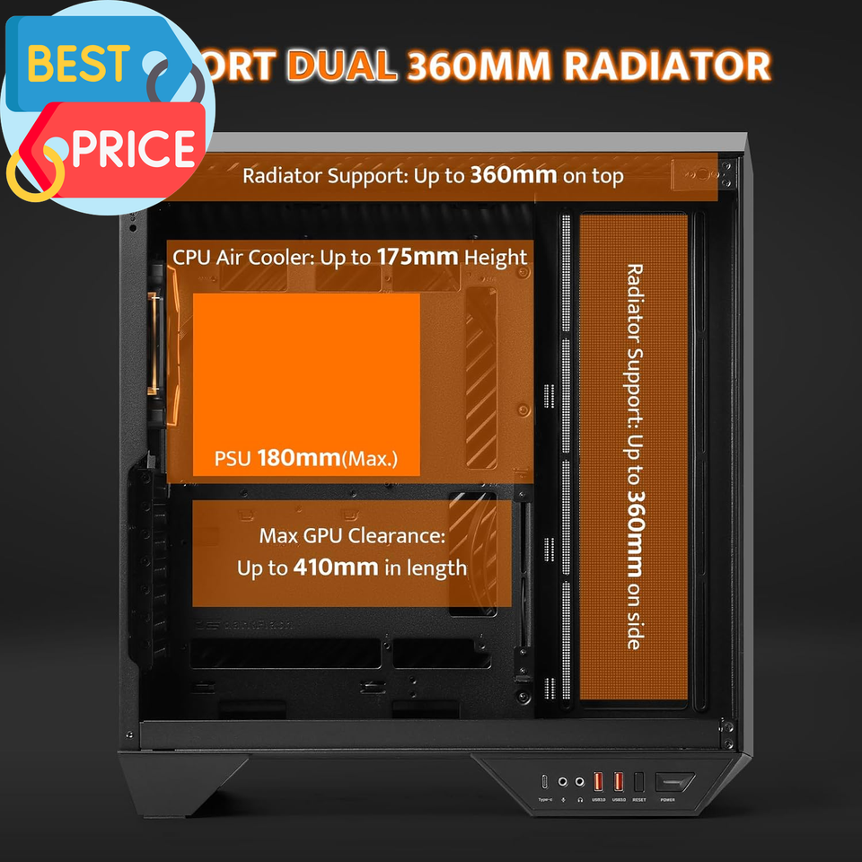 Full-Tower ATX Gaming PC Case, Back Plug-In Motherboard, Dual-Chamber ...