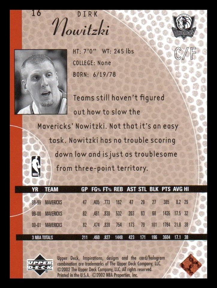 2001-02 UD Inspirations #16 Dirk Nowitzki NBA Basketball Dallas ...