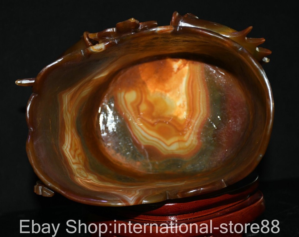 8.4" Old Chinese Natural Agate Carve Feng Shui Fish Lotus Base Brush ...