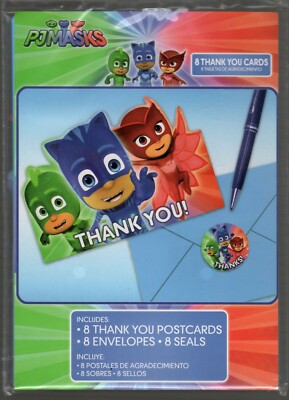 PJ Masks Birthday Party 8 Thank You Cards + Seals + Blue Envelopes ...