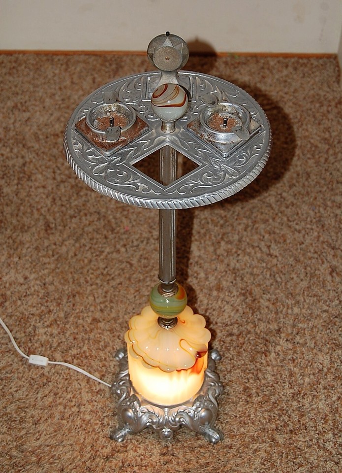 VINTAGE SMOKING STAND ART DECO STYLE, LIGHTED AGATE GLASS BASE, LIGHTER ...