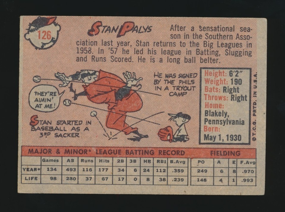 1958 Topps -#126 STAN PALYS RC (Cincinnati Reds) *AUTOGRAPHED* d.2021 ...