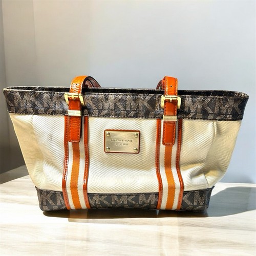 Michael Kors Signature Jet Set Canvas Tote Bag Orange Stripe MK Brown ...