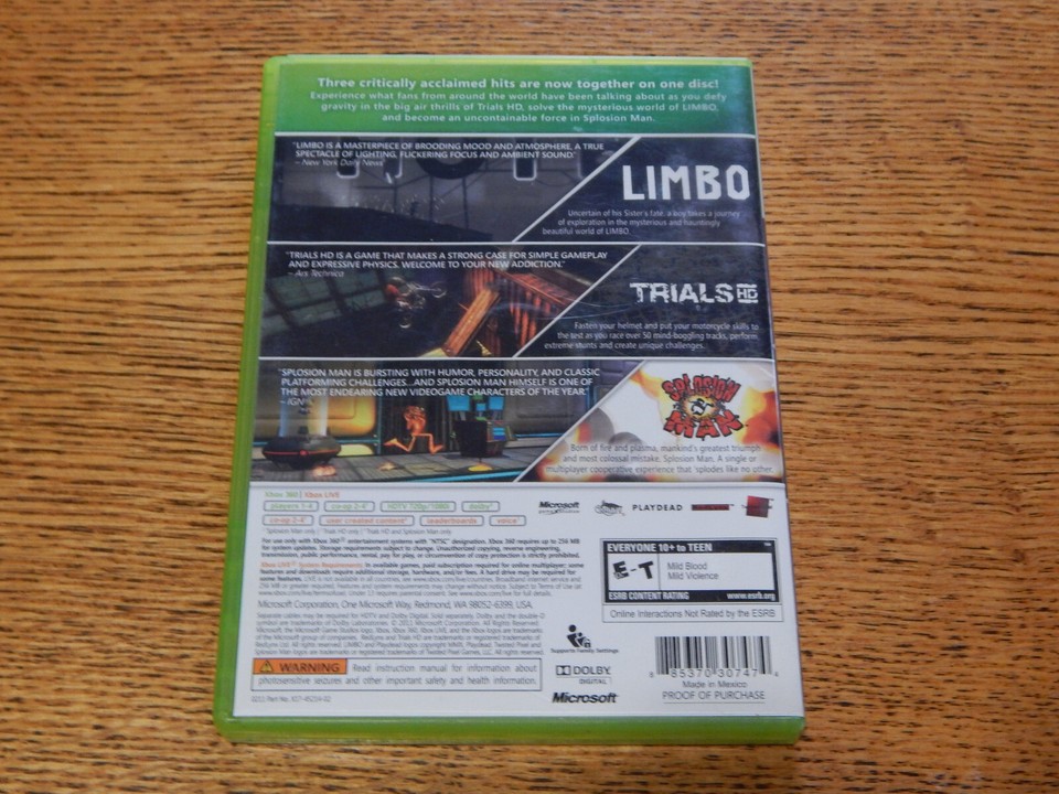 Triple Pack: Limbo, Trials HD and Splosion Man - Xbox 360 885370307474 ...